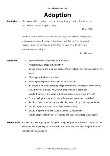 Adoption – ESL Conversation Questions and Speaking Activities