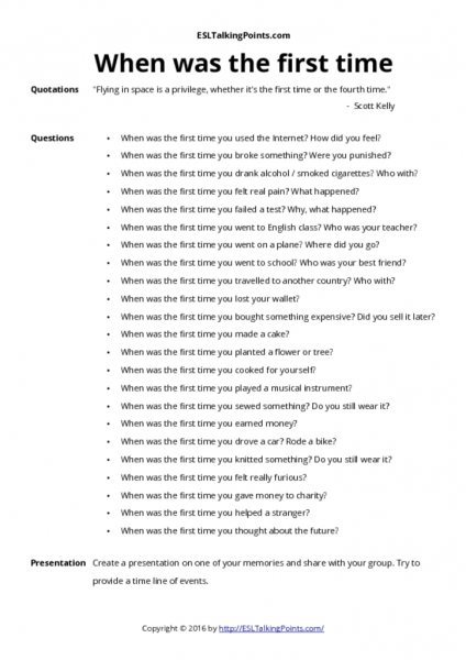 When was the first time – ESL Conversation Questions and Speaking ...