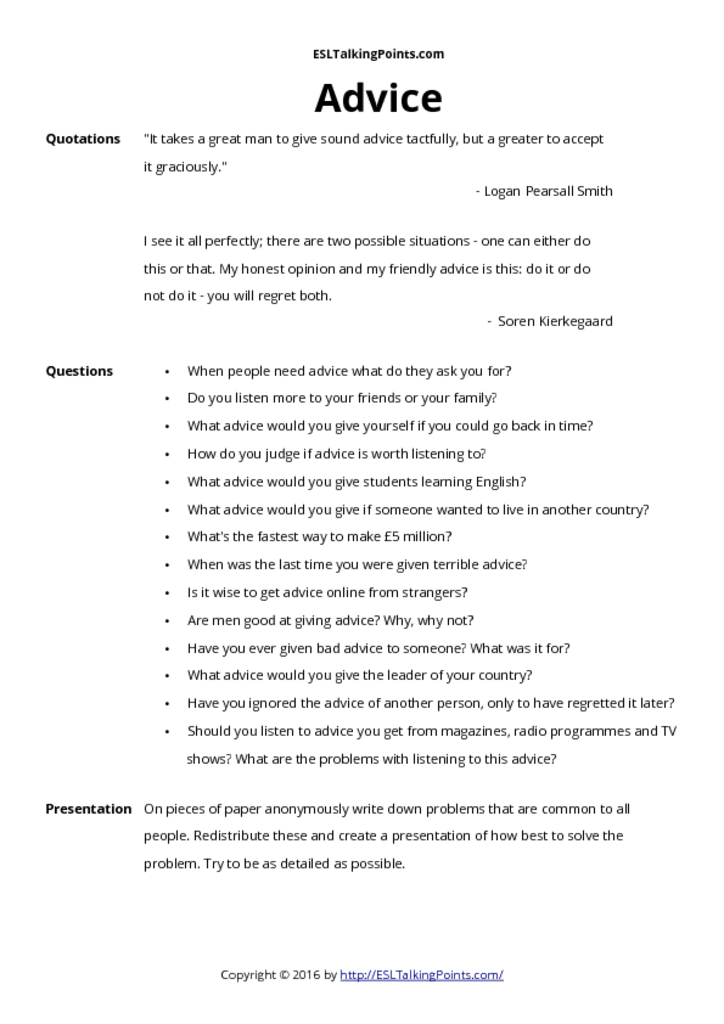 Advice – ESL Conversation Questions and Speaking Activities