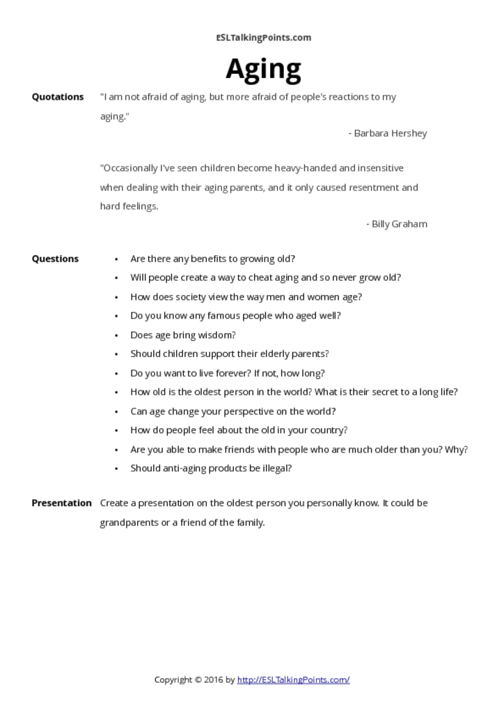 Aging / Ageing – ESL Conversation Questions and Speaking Activities