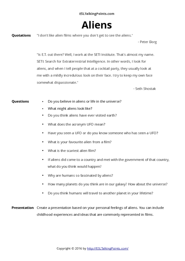 Aliens – ESL Conversation Questions and Speaking Activities