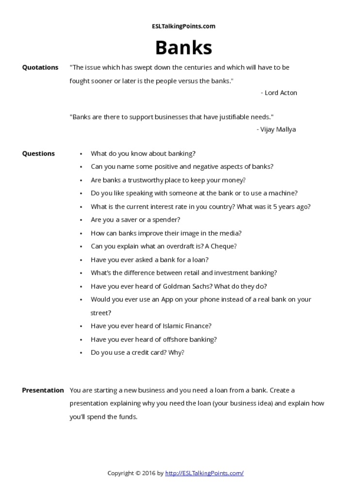 Banks – ESL Conversation Questions and Speaking Activities