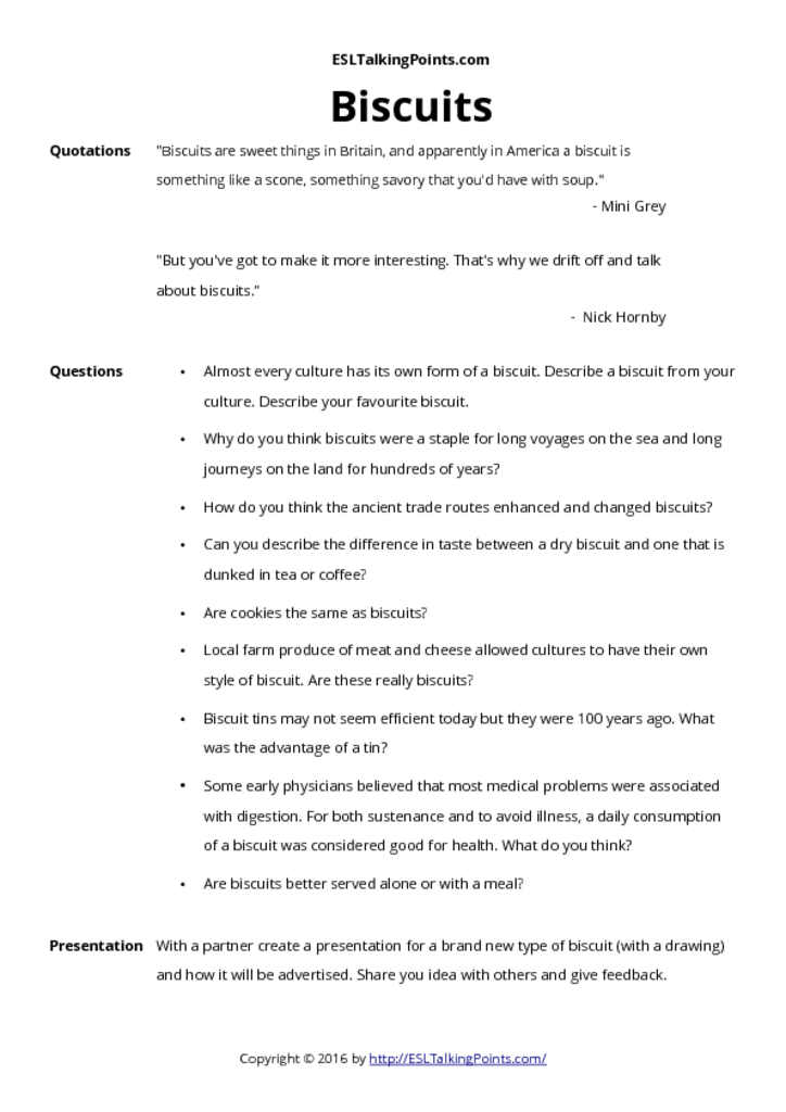 Biscuits – ESL Conversation Questions and Speaking Activities