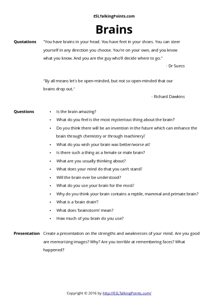 Brains – ESL Conversation Questions and Speaking Activities