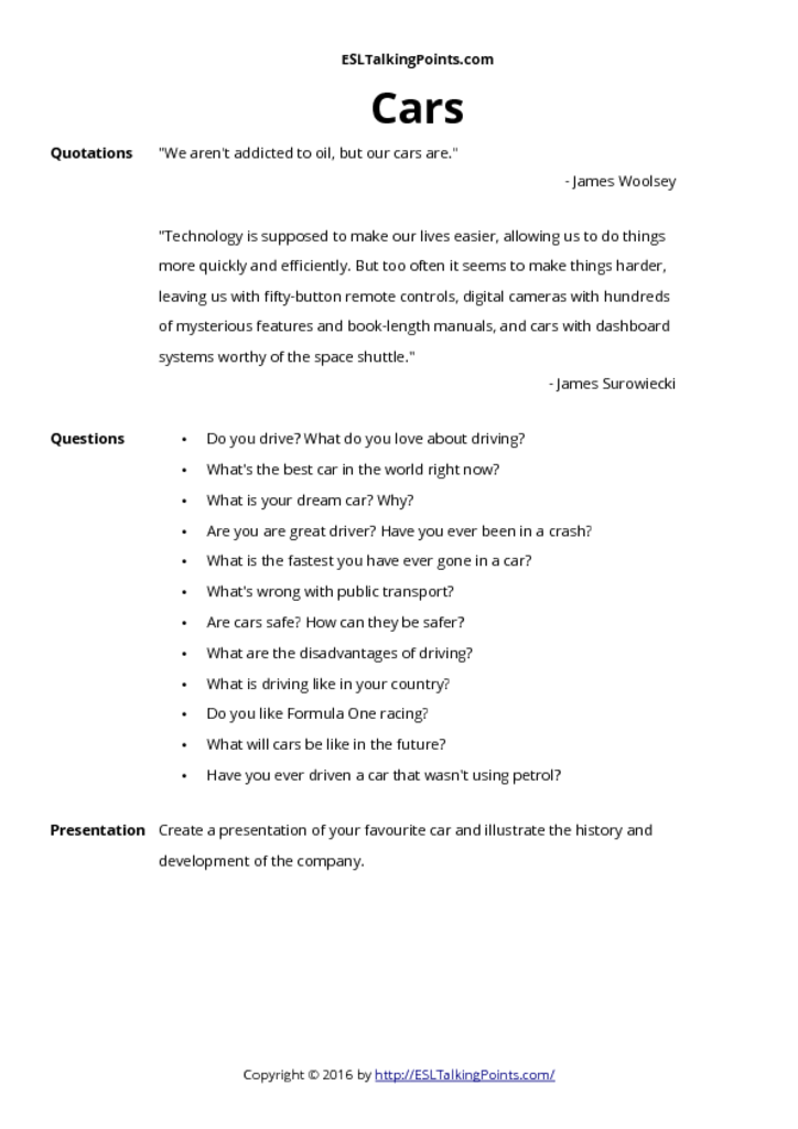 Cars – ESL Conversation Questions and Speaking Activities