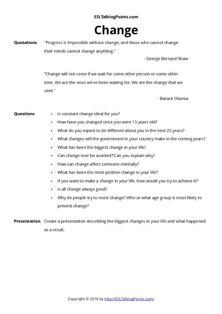 Change – ESL Conversation Questions and Speaking Activities