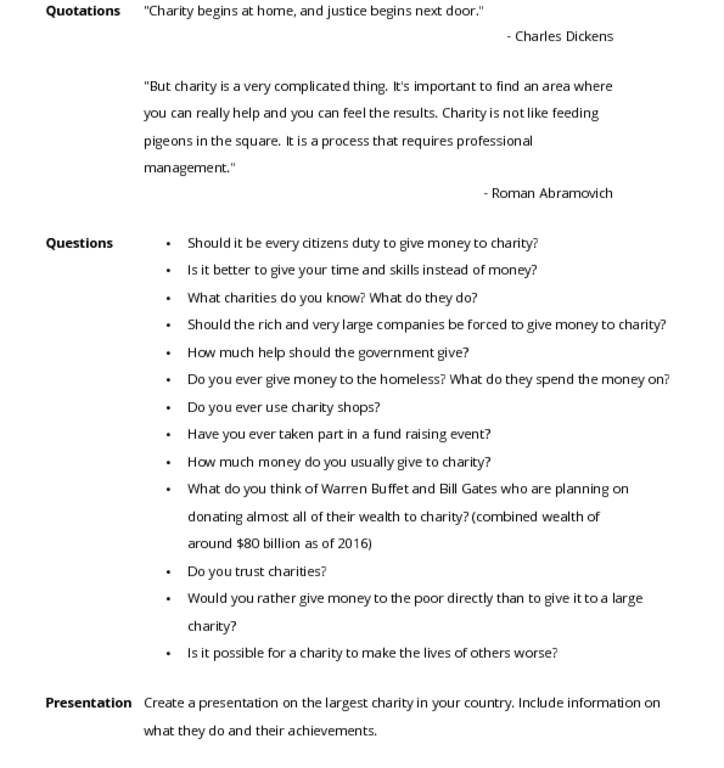 Charity ESL Conversation ions And Speaking Activities