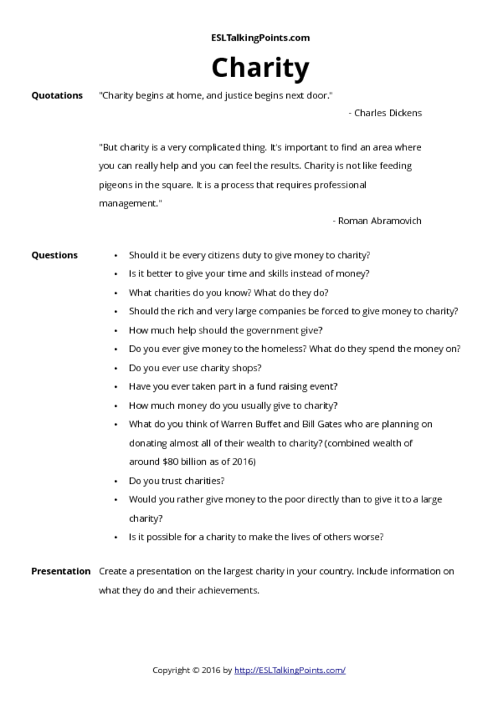 Charity – ESL Conversation Questions and Speaking Activities