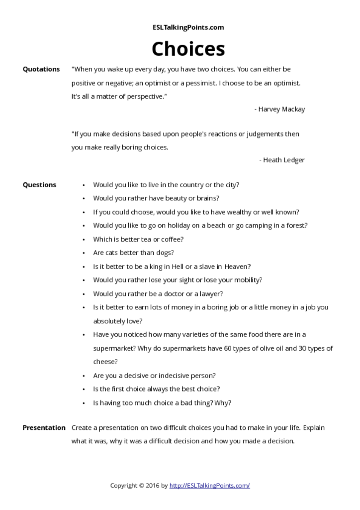 Choices – ESL Conversation Questions and Speaking Activities