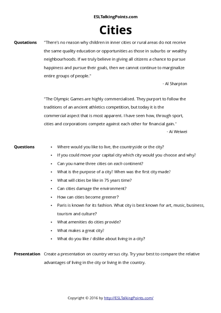 Cities – ESL Conversation Questions and Speaking Activities