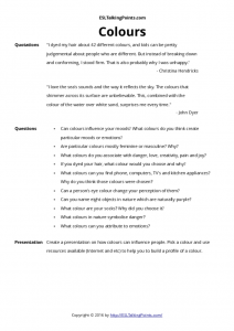 Colours – ESL Conversation Questions and Speaking Activities