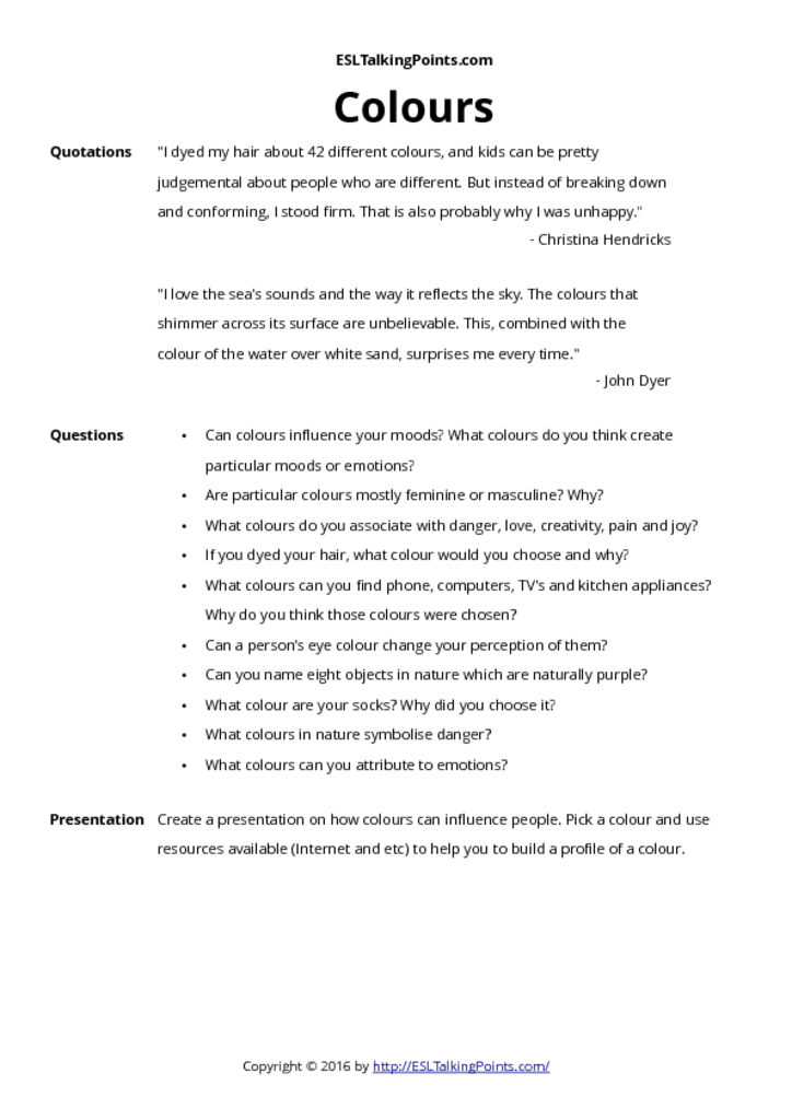 Colours – ESL Conversation Questions and Speaking Activities