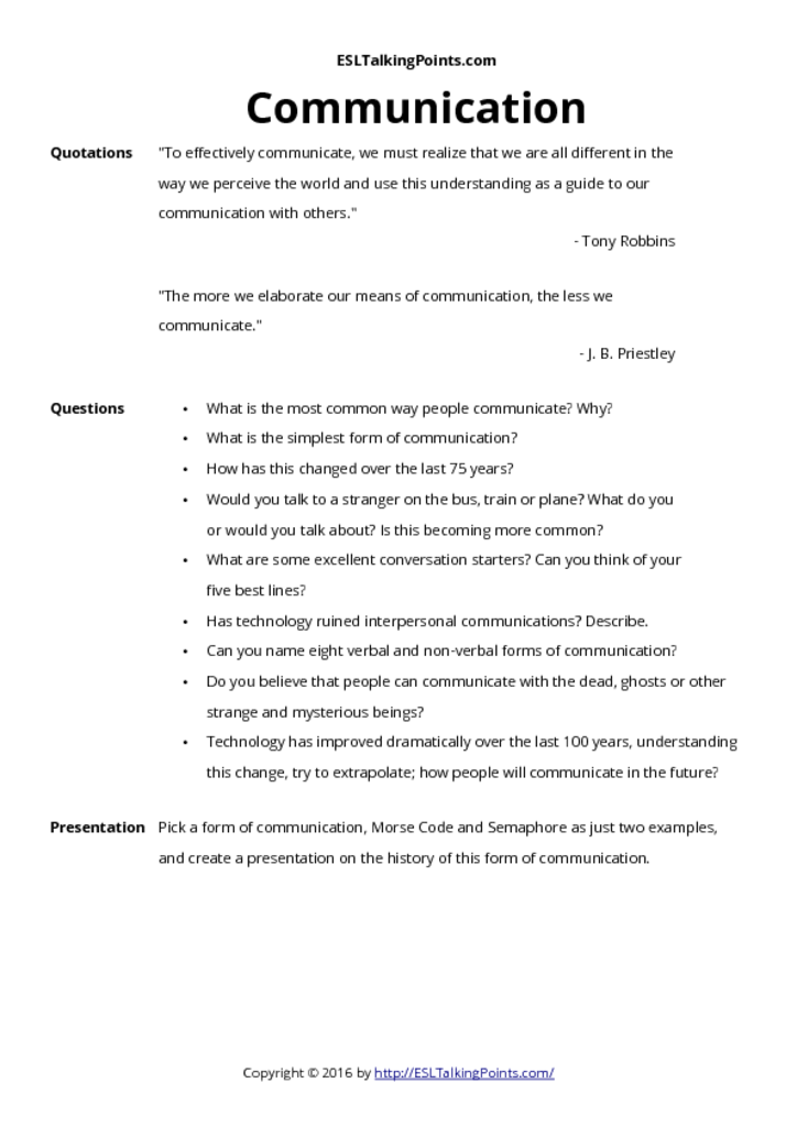 Communication – ESL Conversation Questions and Speaking Activities