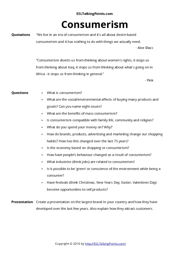 Consumerism – ESL Conversation Questions and Speaking Activities