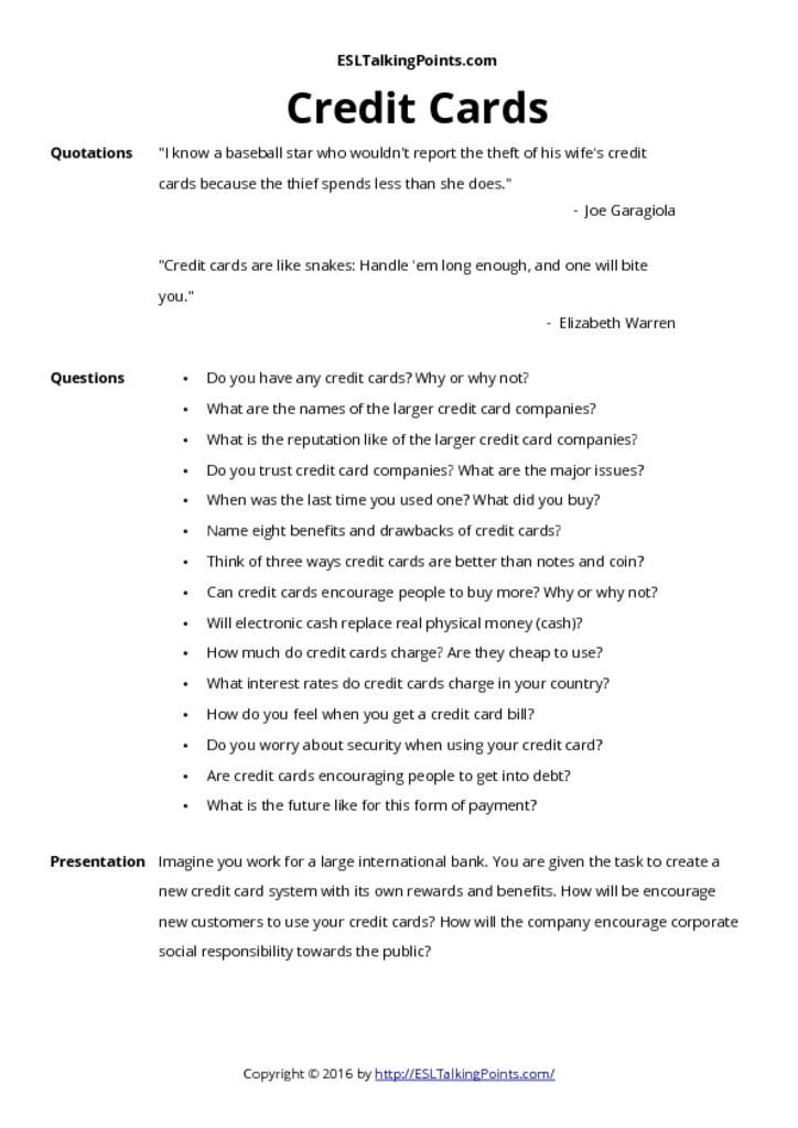 Credit Cards – ESL Conversation Questions and Speaking Activities