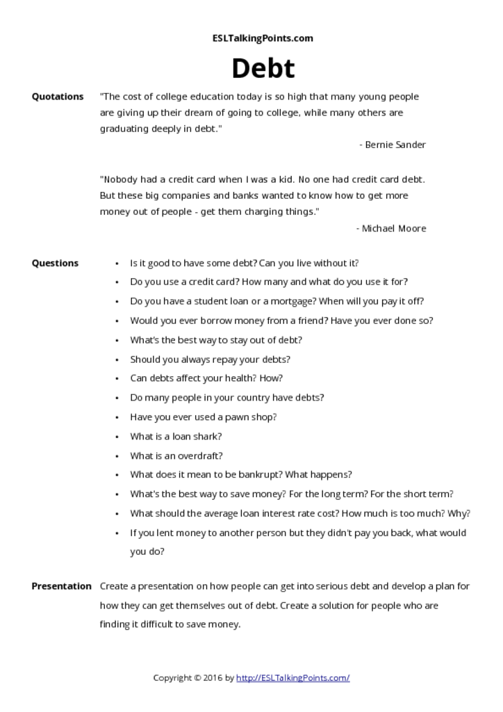 Debt – ESL Conversation Questions and Speaking Activities