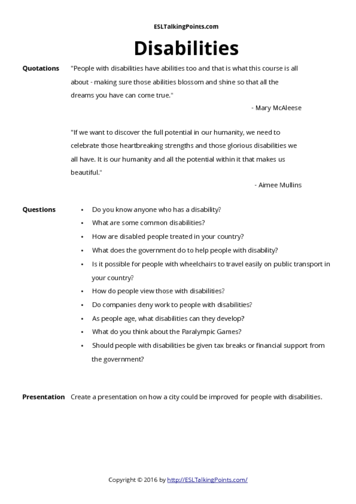Disabilities – ESL Conversation Questions and Speaking Activities
