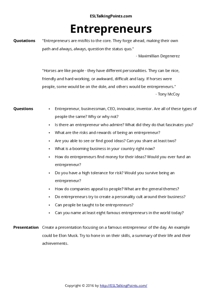 Entrepreneurs – ESL Conversation Questions and Speaking Activities
