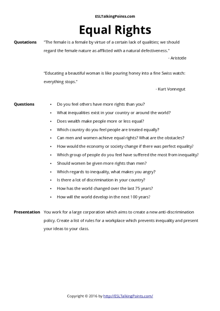 Equal Rights – ESL Conversation Questions and Speaking Activities