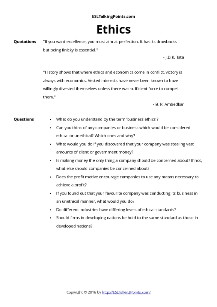 Ethics – ESL Conversation Questions and Speaking Activities