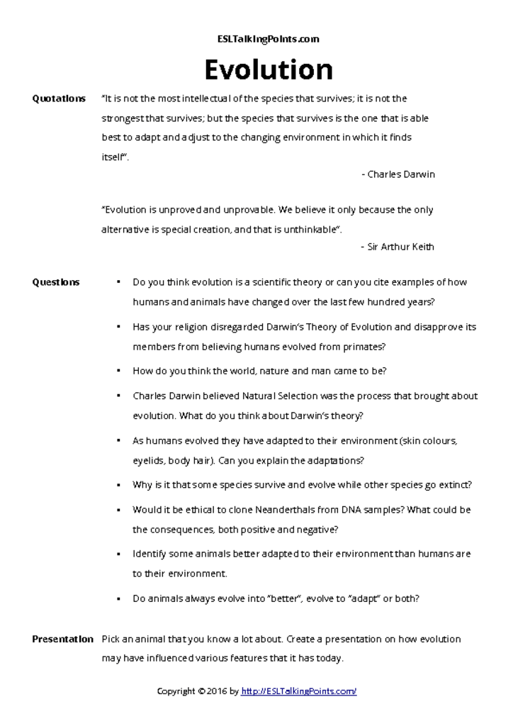 Evolution – ESL Conversation Questions and Speaking Activities