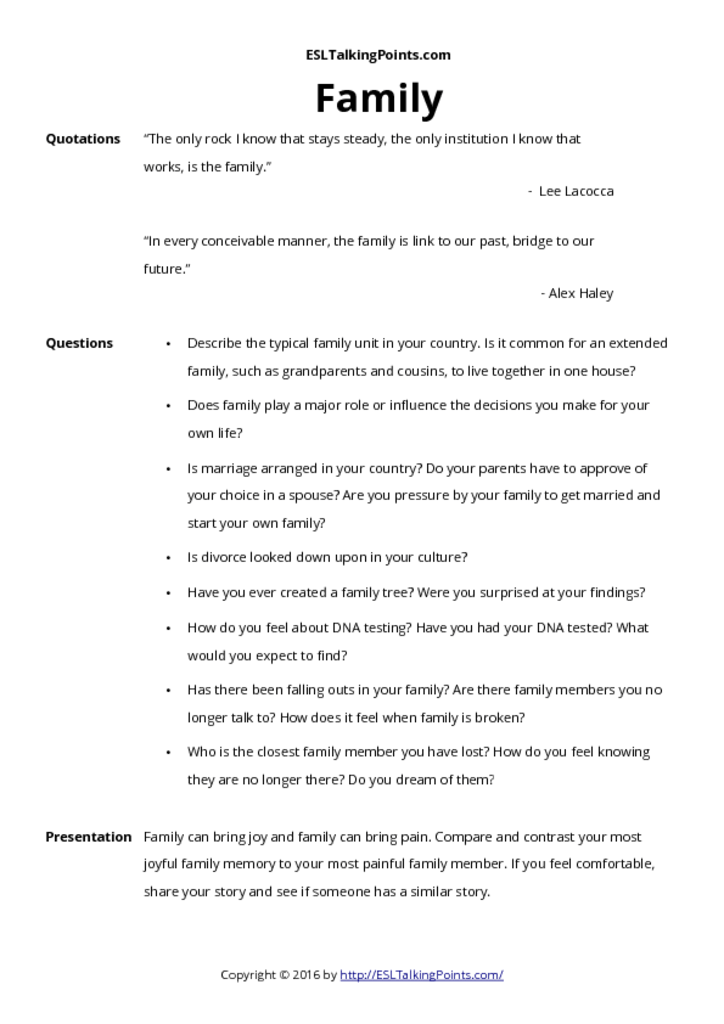 Family – ESL Conversation Questions and Speaking Activities
