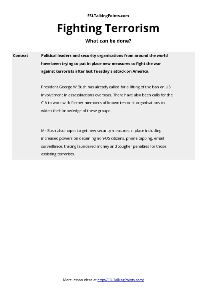 Fighting Terrorism – ESL Conversation Questions and Speaking Activities