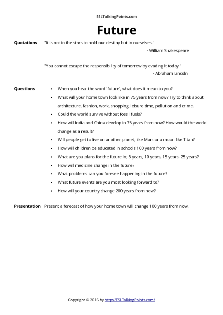 Future – ESL Conversation Questions and Speaking Activities