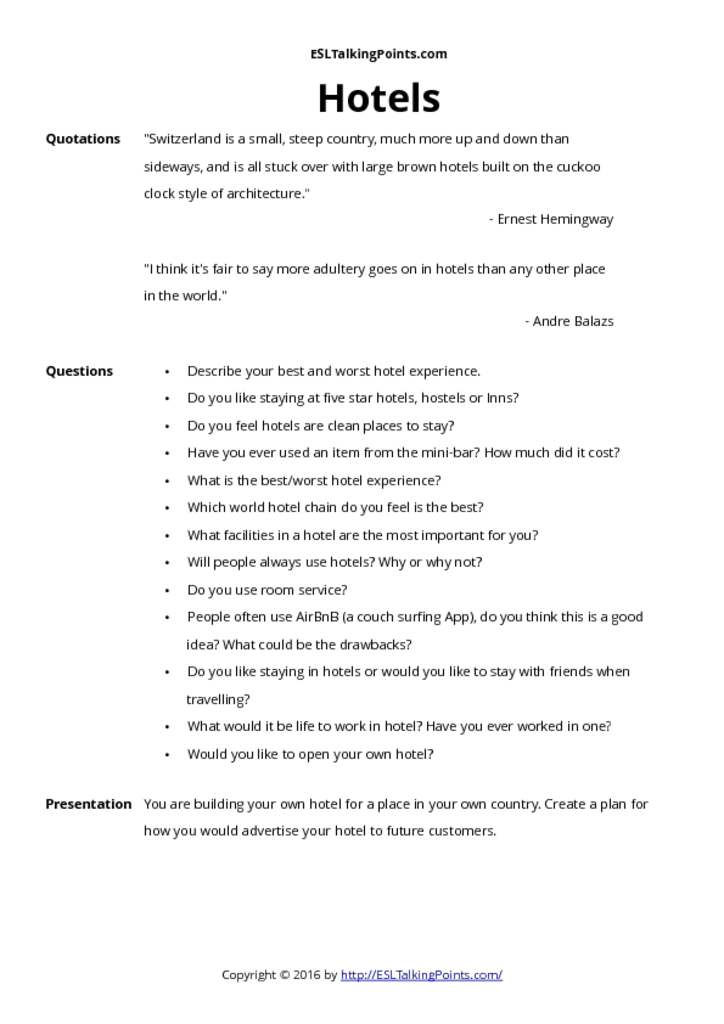 Hotels – ESL Conversation Questions and Speaking Activities