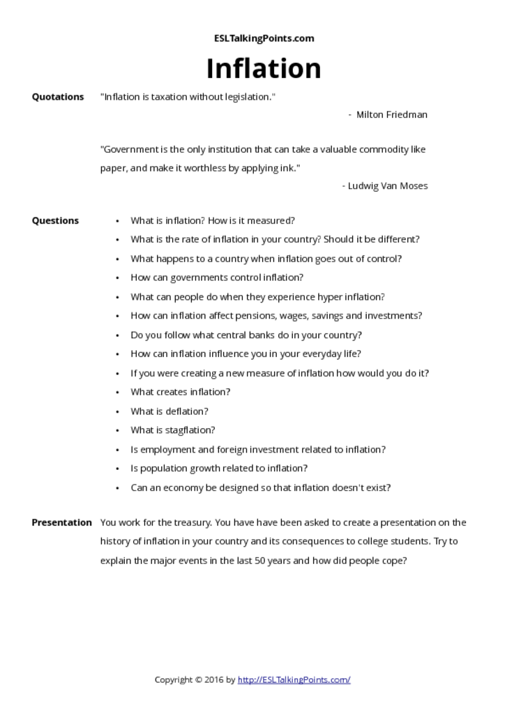 Inflation – ESL Conversation Questions and Speaking Activities