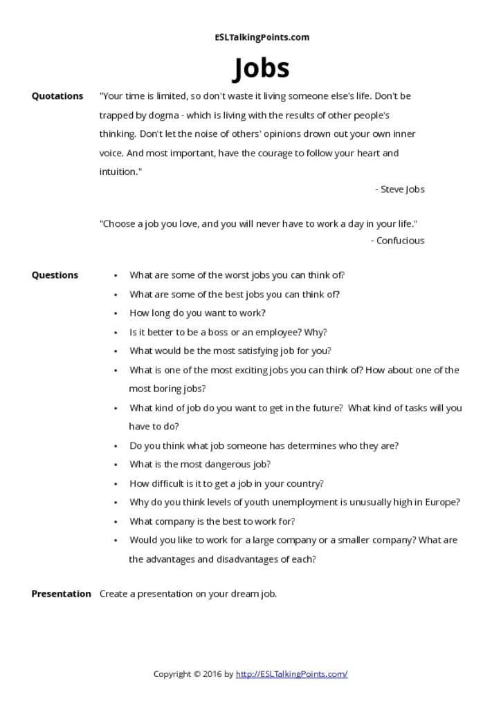 Jobs – ESL Conversation Questions and Speaking Activities