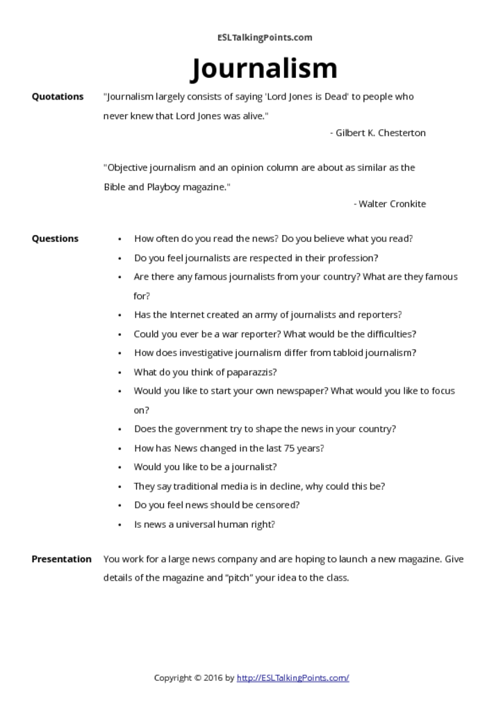 Journalism – ESL Conversation Questions and Speaking Activities