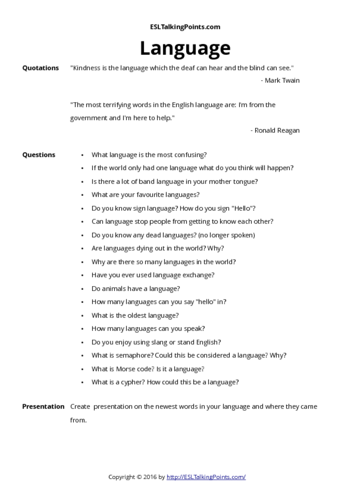 Language – ESL Conversation Questions and Speaking Activities