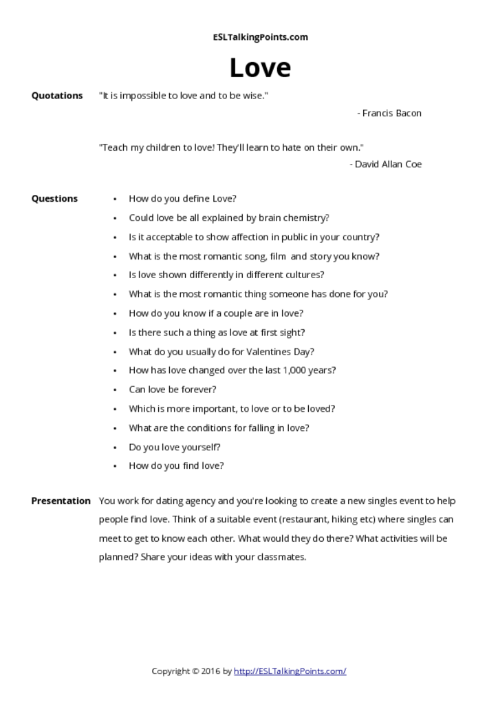 Love – ESL Conversation Questions and Speaking Activities