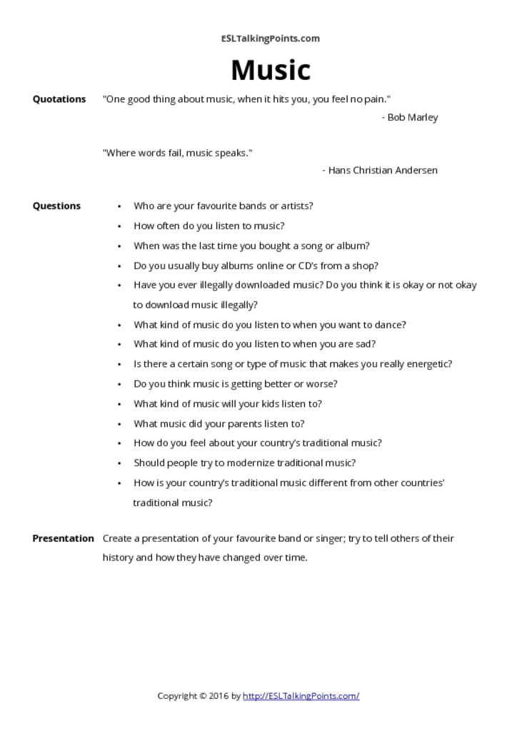 Music – ESL Conversation Questions and Speaking Activities