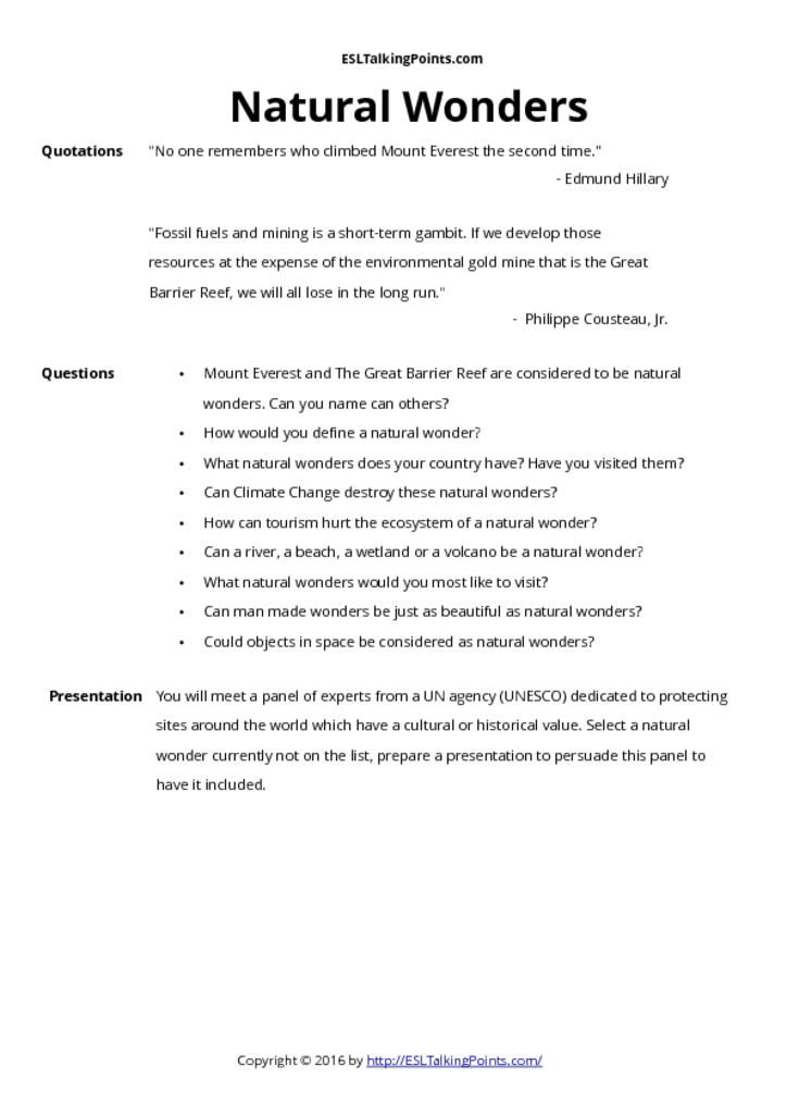 Natural Wonders – ESL Conversation Questions and Speaking Activities