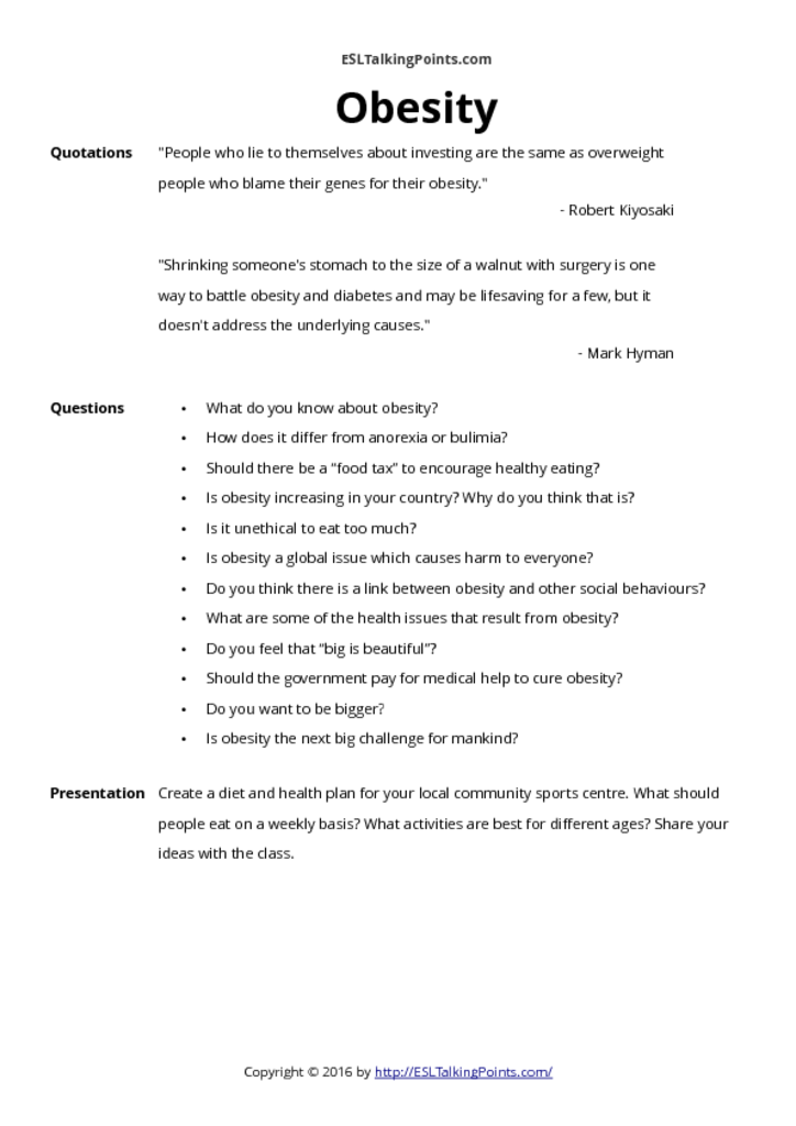 Obesity – ESL Conversation Questions and Speaking Activities