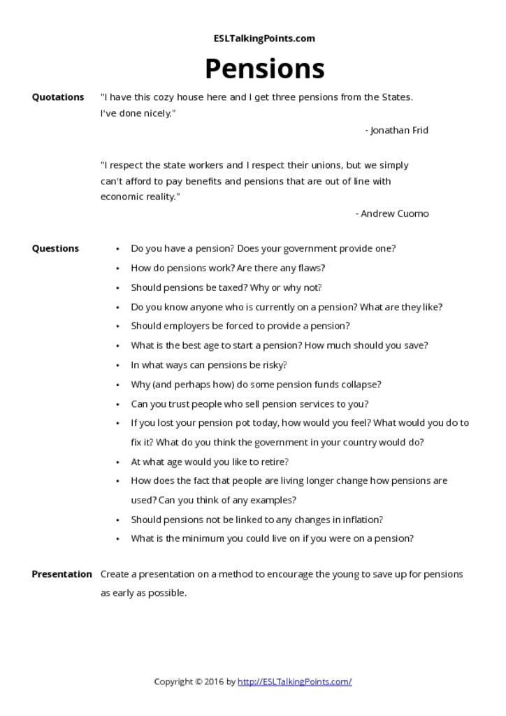 Pensions – ESL Conversation Questions and Speaking Activities