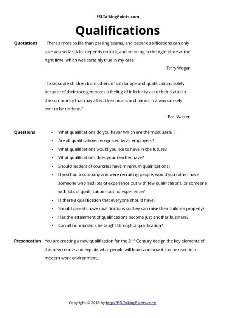 Qualifications – ESL Conversation Questions and Speaking Activities