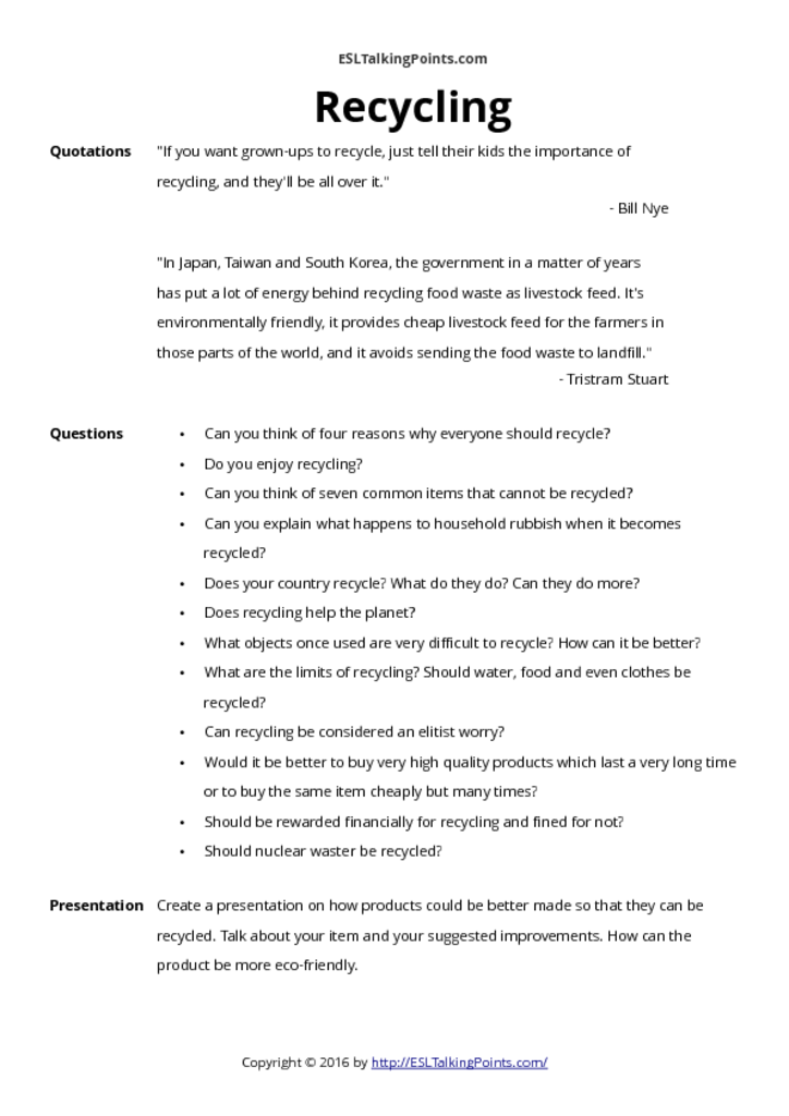 Recycling – ESL Conversation Questions and Speaking Activities