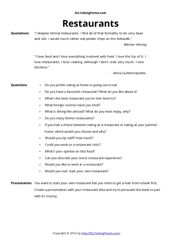 Restaurants – ESL Conversation Questions and Speaking Activities