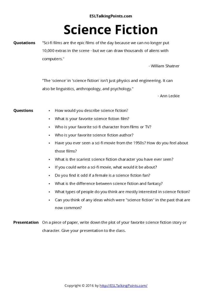 Science Fiction – ESL Conversation Questions and Speaking Activities