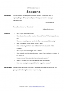 Seasons – ESL Conversation Questions and Speaking Activities