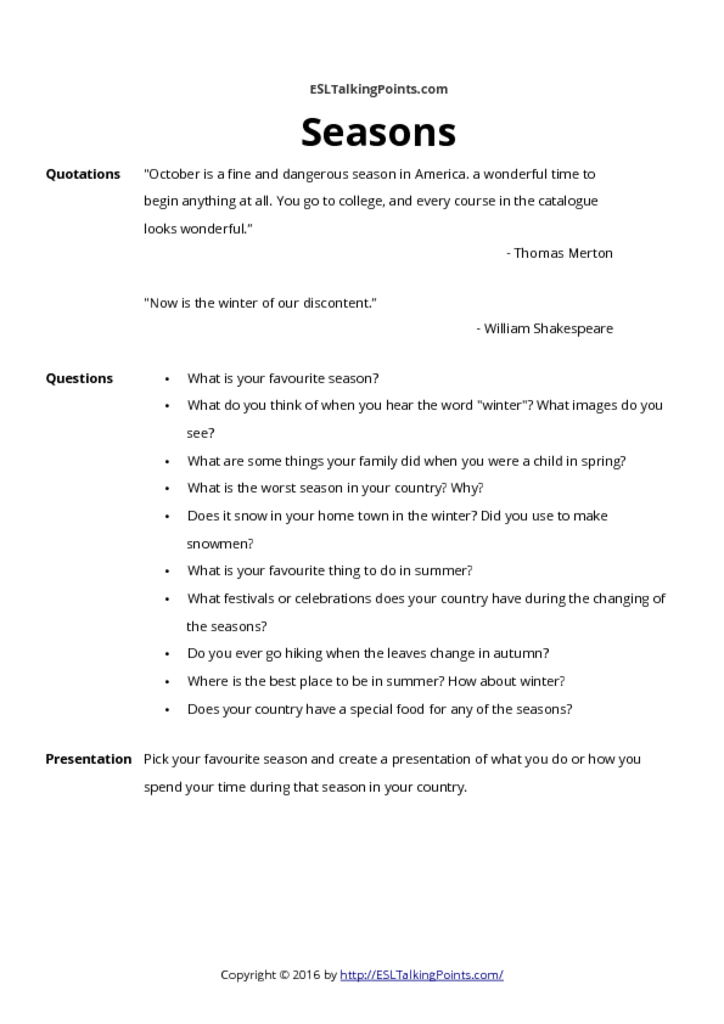 Seasons – ESL Conversation Questions and Speaking Activities