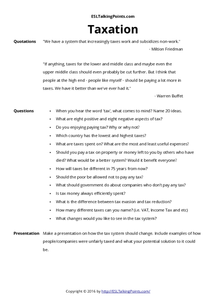 Taxation – ESL Conversation Questions and Speaking Activities