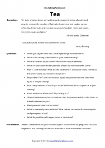 Tea – ESL Conversation Questions and Speaking Activities