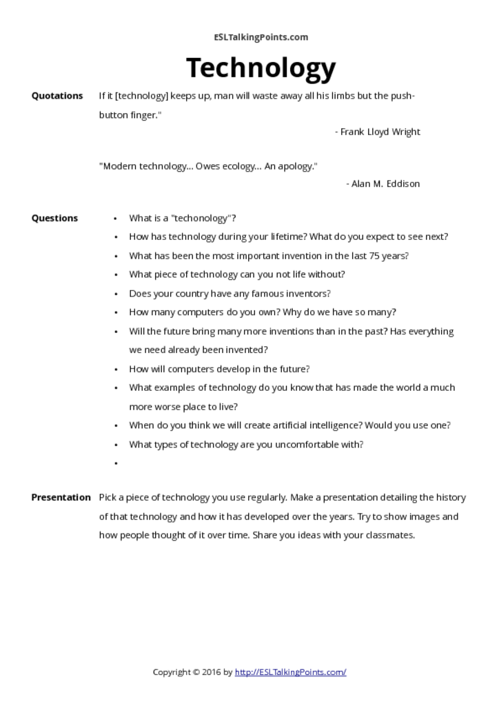 Technology – ESL Conversation Questions and Speaking Activities