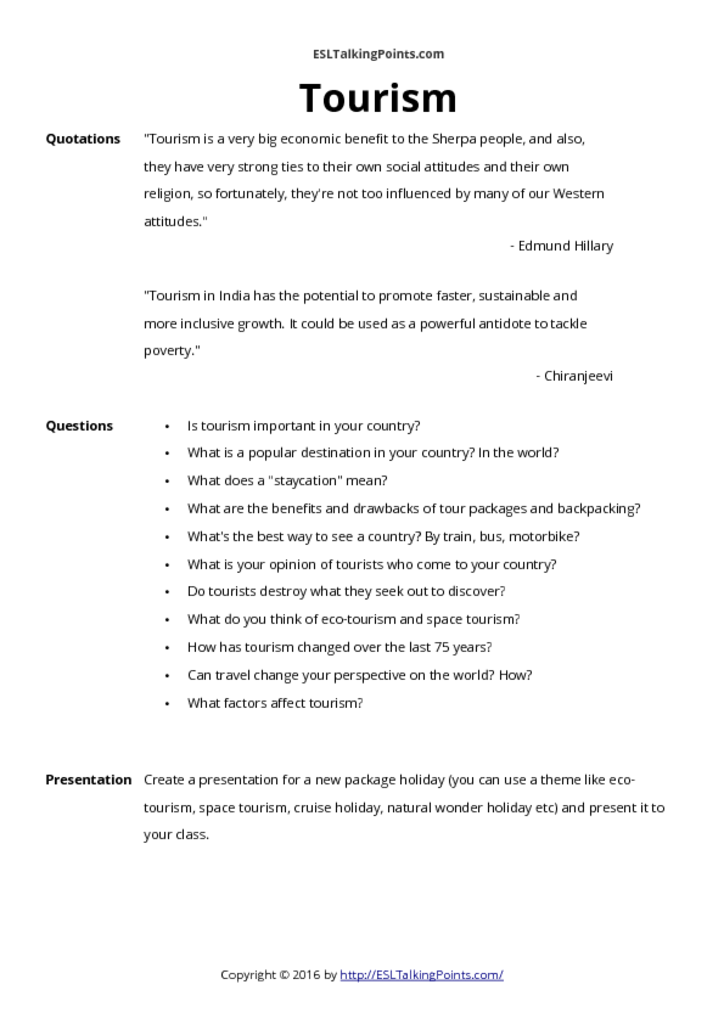 Tourism – ESL Conversation Questions and Speaking Activities