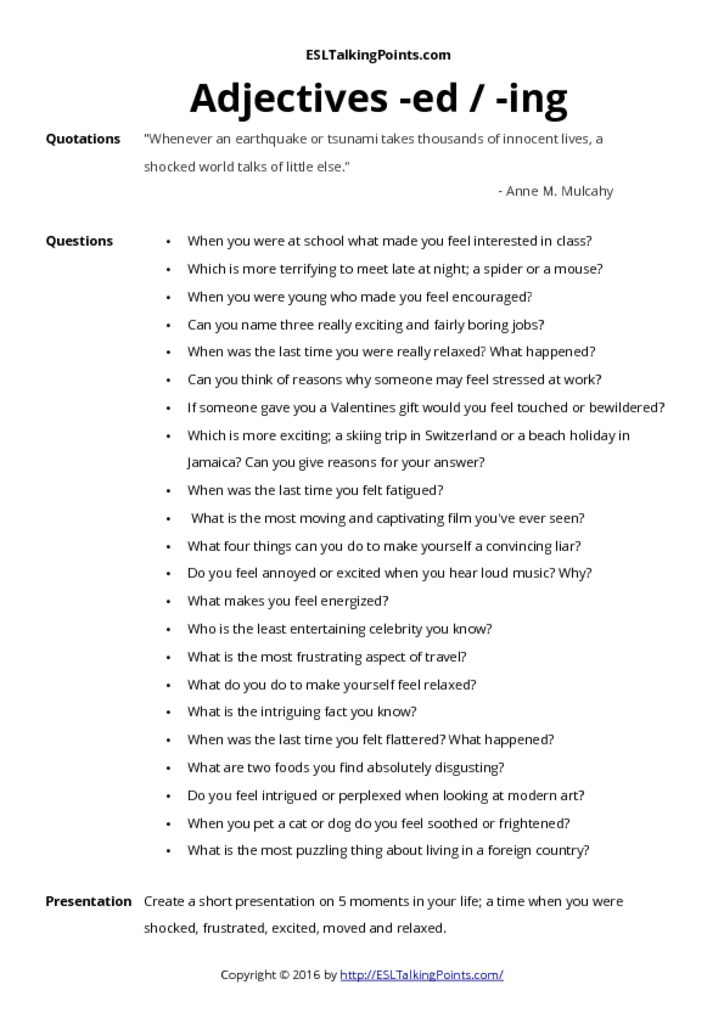 Adjectives -ed / -ing – ESL Conversation Questions and Speaking Activities