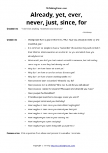 Already, yet, ever, never, just, since, for – ESL Conversation ...